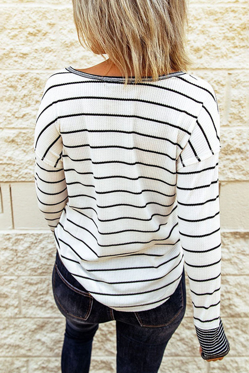 Women's White Striped Waffle Knit Henley Top with Button Detail - Casu ...